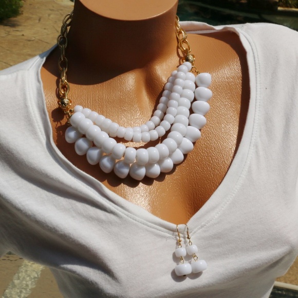 True | Jewelry | New White Boho Multi Strand Necklace Earrings Set ...